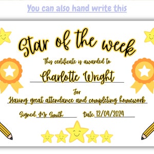 Star of the Week Personalised Congratulations Well Done Certificate ...