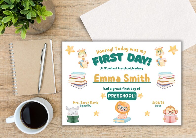 First Day at Preschool Certificate, Personalised Printable, Digital ...