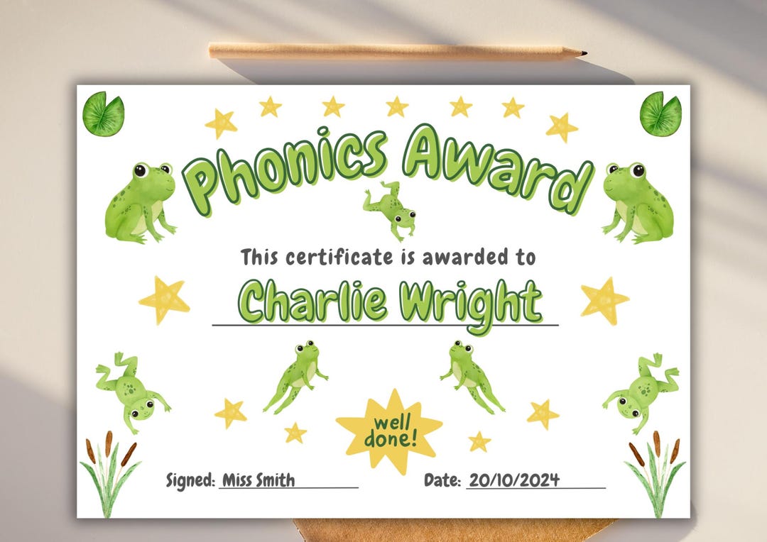 Personalized Phonics Award Certificate: Frog Theme (digital Download) - Etsy