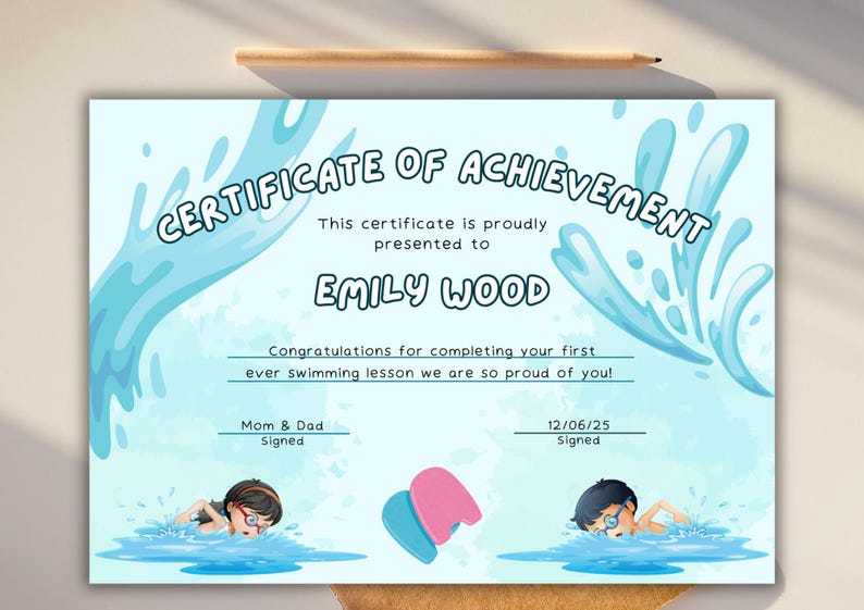 Personalised Swimming Certificate Kids Achievement Award Printable ...