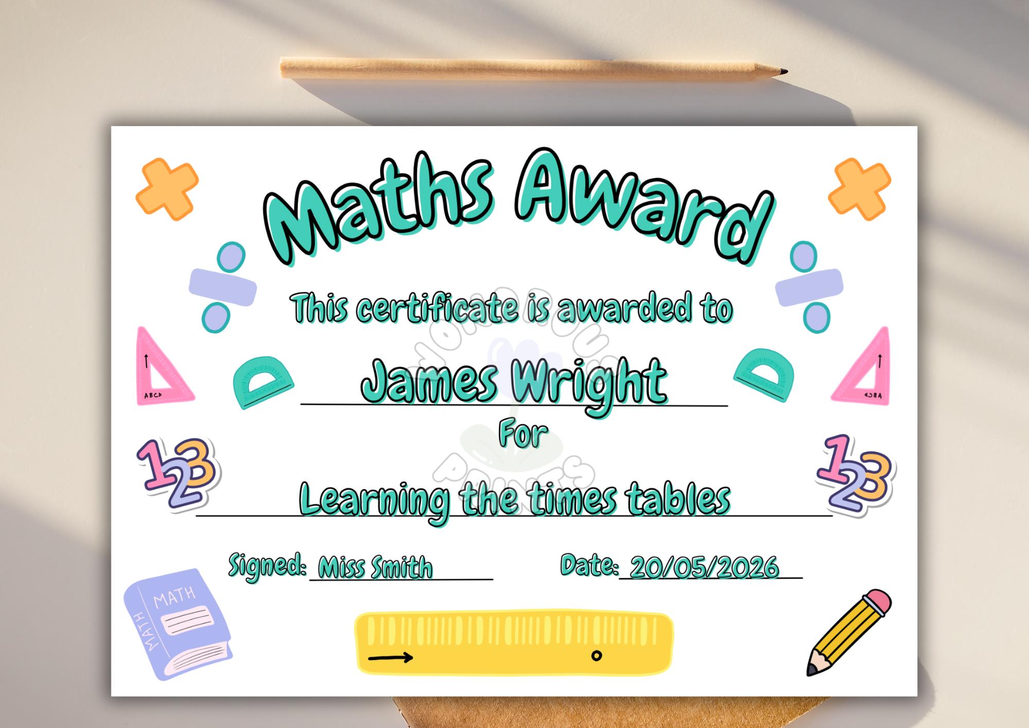 Maths School Certificate, Editable Printable for Kids, Congratulations ...