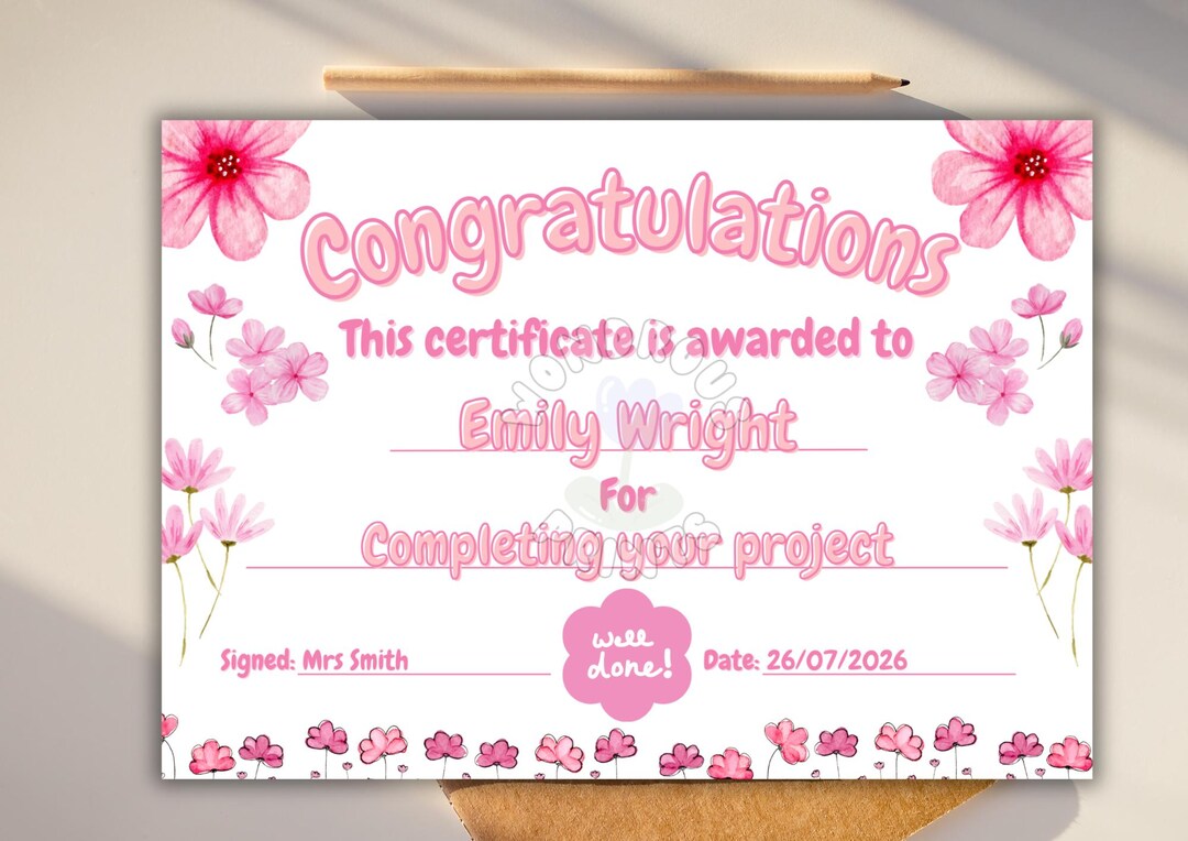 Floral Pink School Certificate, Editable Printable for Kids ...