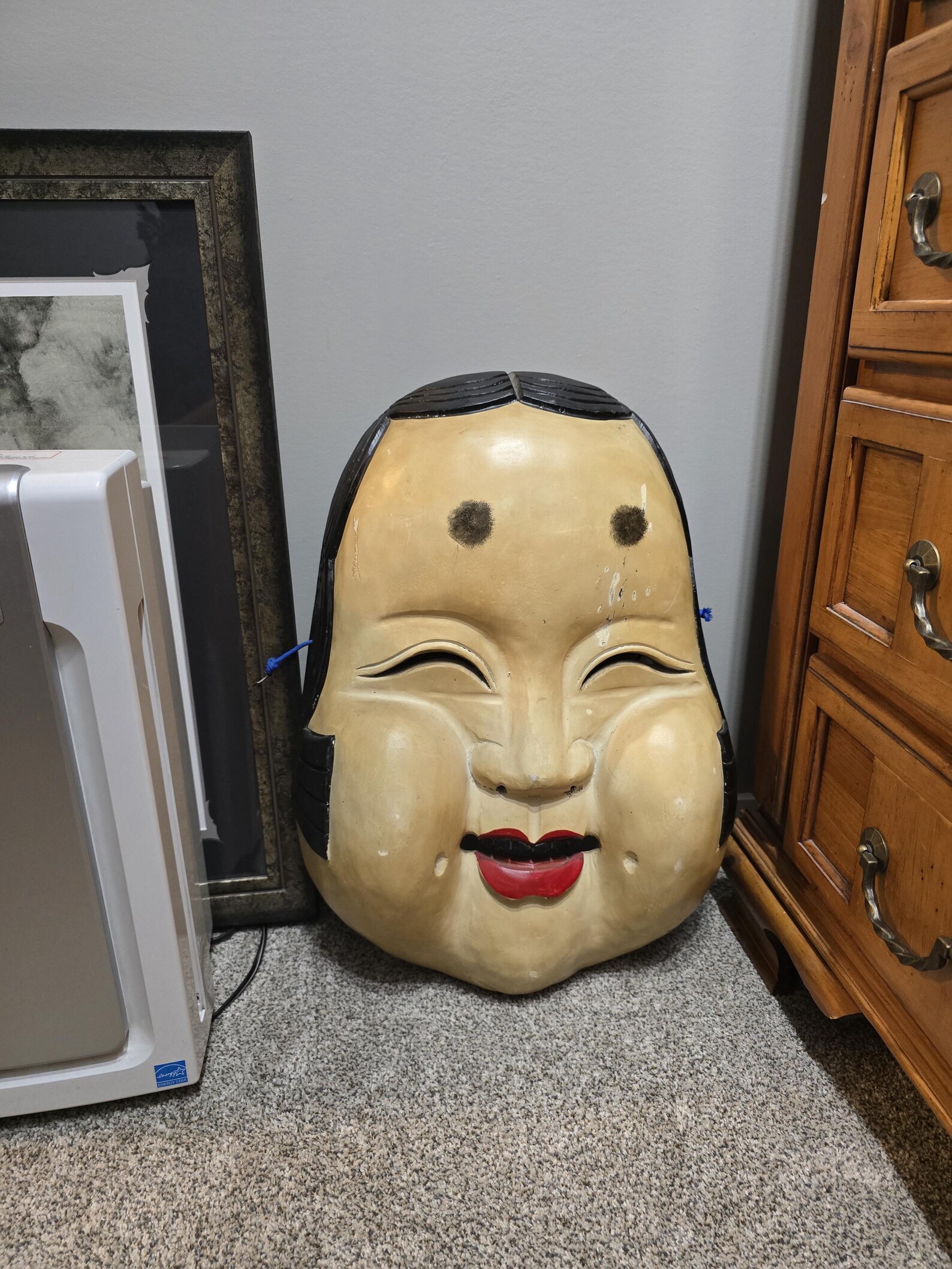 Monumental Hand-carved Okame Mask – 24x18x6in Solid Wood – 14 Lbs / 6. ...