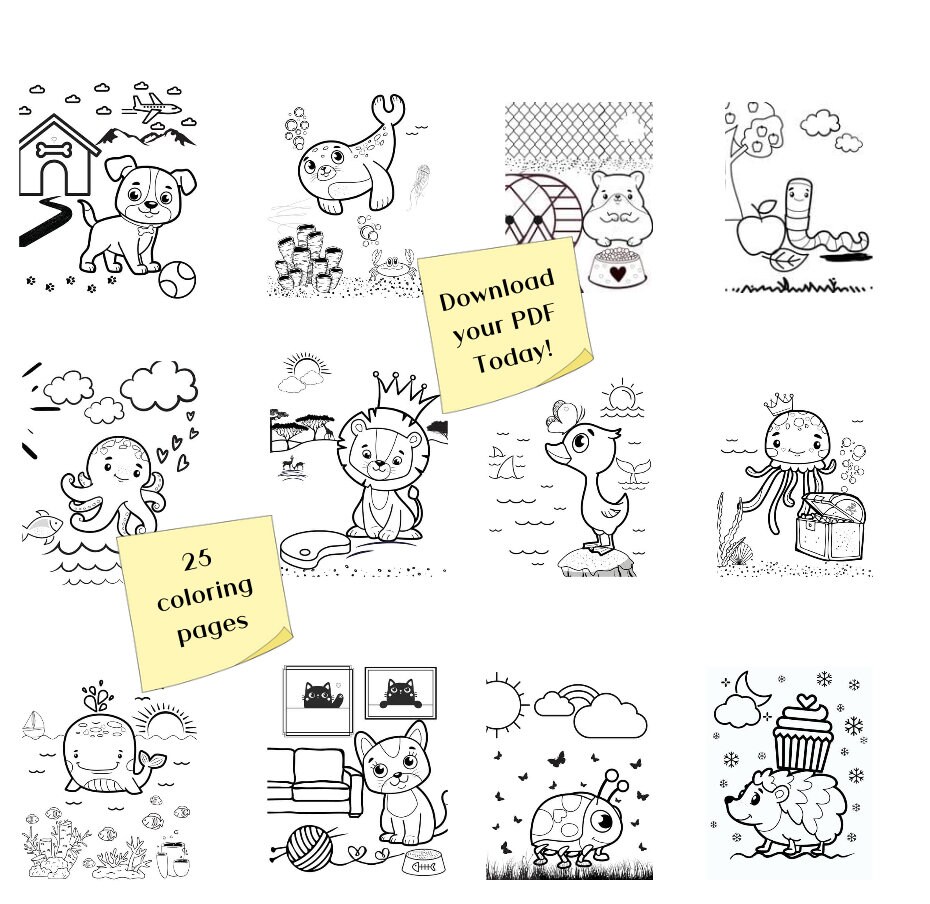 25 Kids Cute Animal Coloring Pages| PDF Printable| Instant Download - Etsy