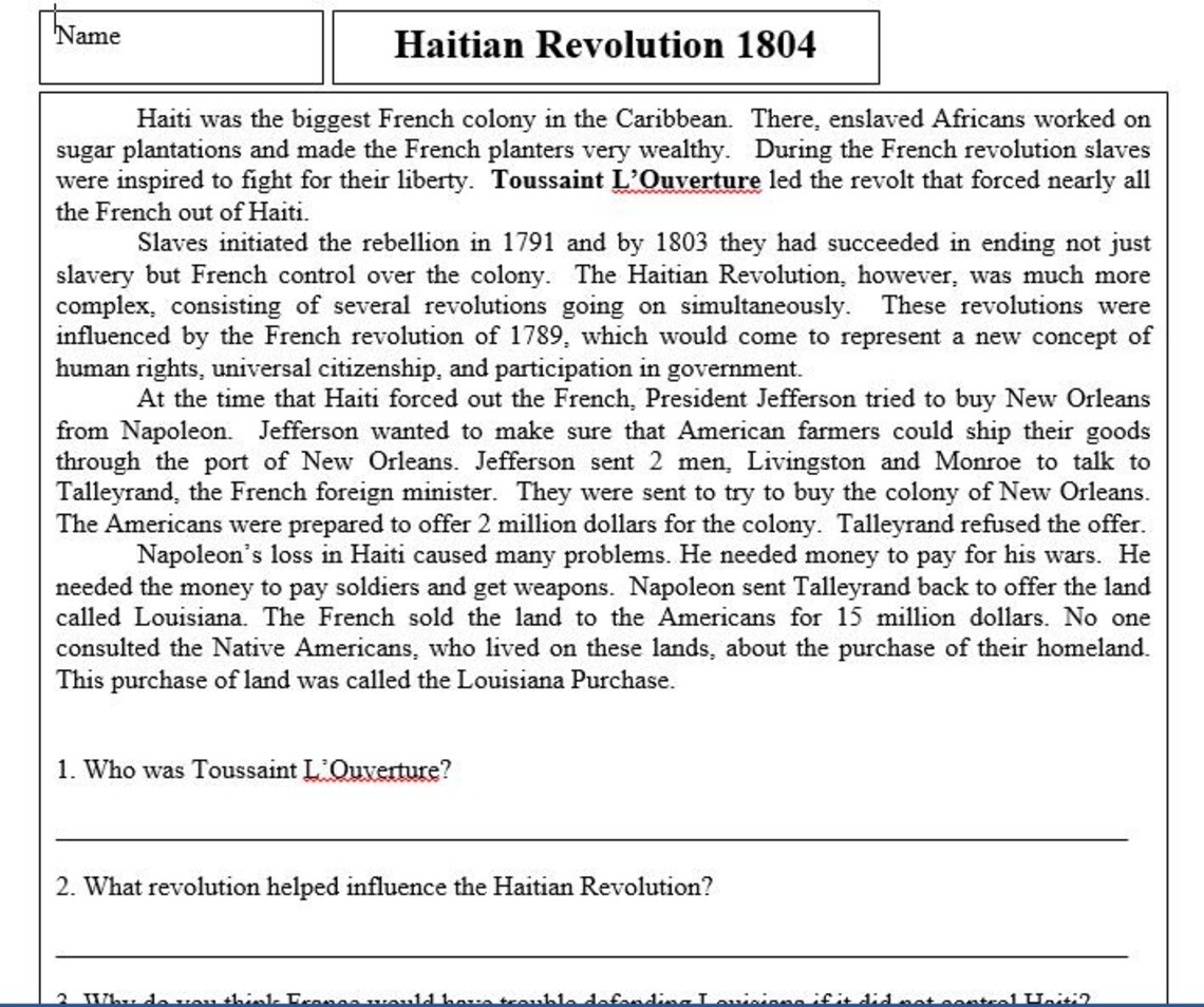 The Haitian Revolution Reading Activity - Etsy