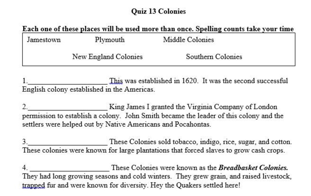 13 Colonies Jamestown-plymouth Quiz - Etsy