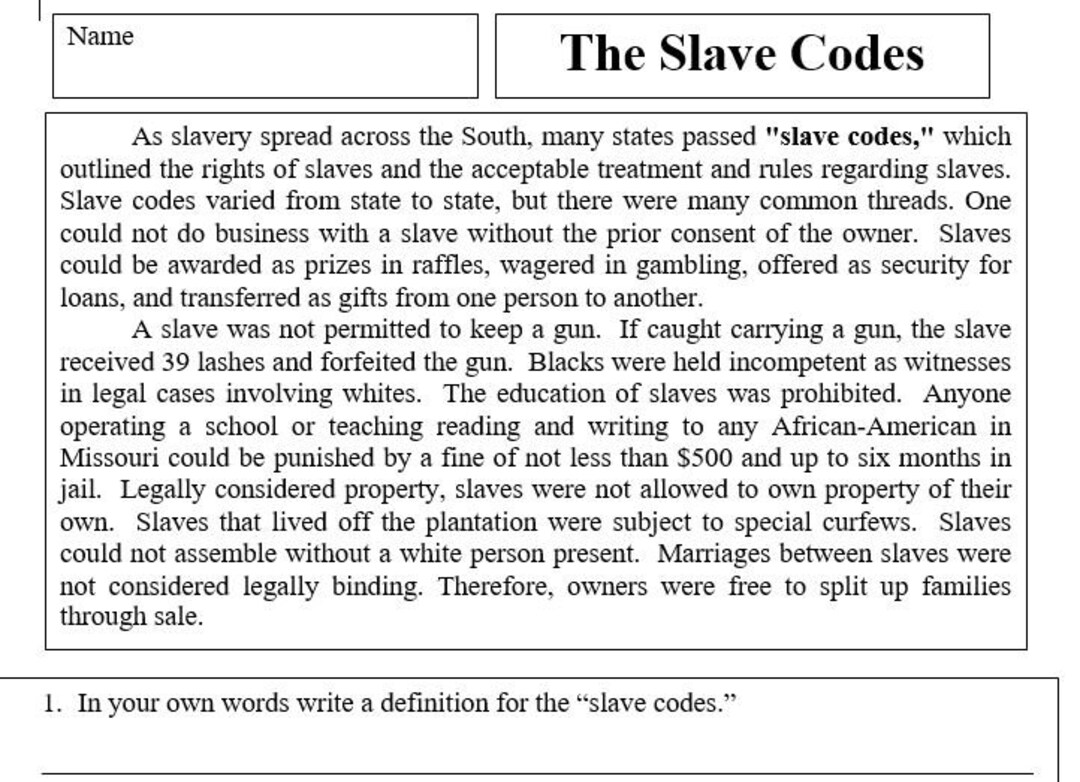 The Slave Codes Reading Activity - Etsy