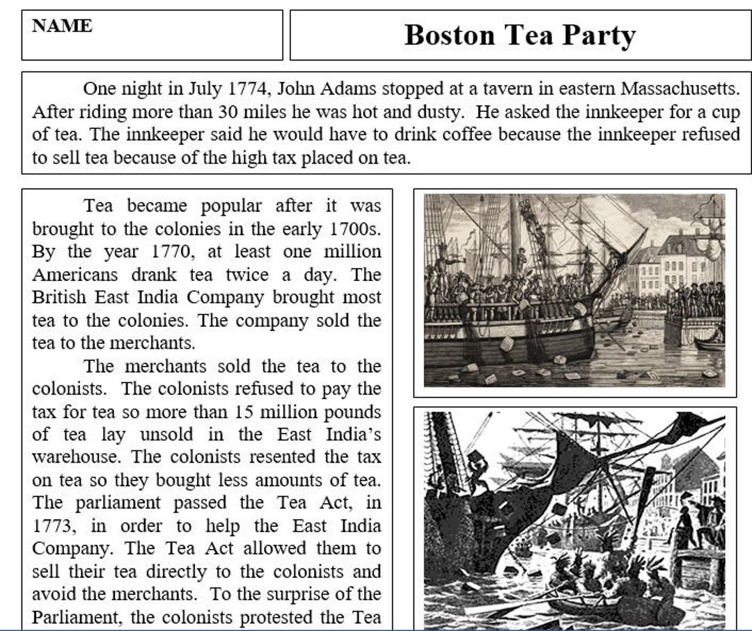 The Boston Tea Party Reading Activity - Etsy