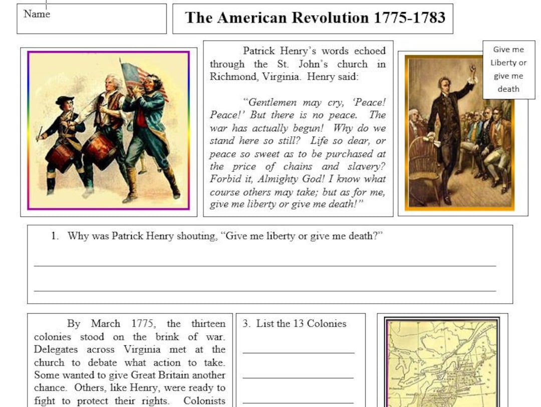 The American Revolution Reading Activity and Worksheets - Etsy