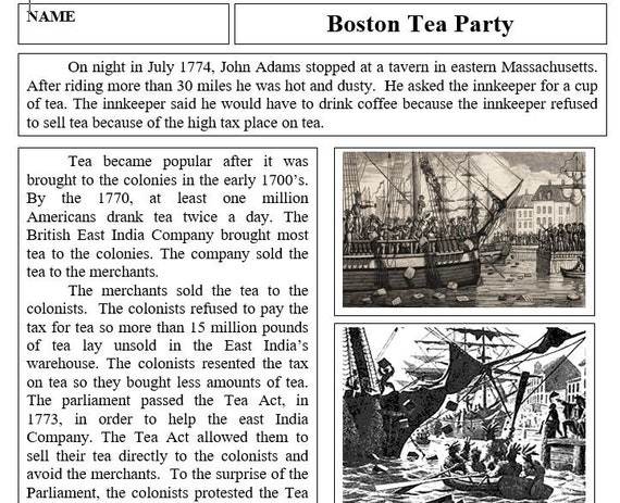 The Boston Tea Party Reading Activity | Etsy