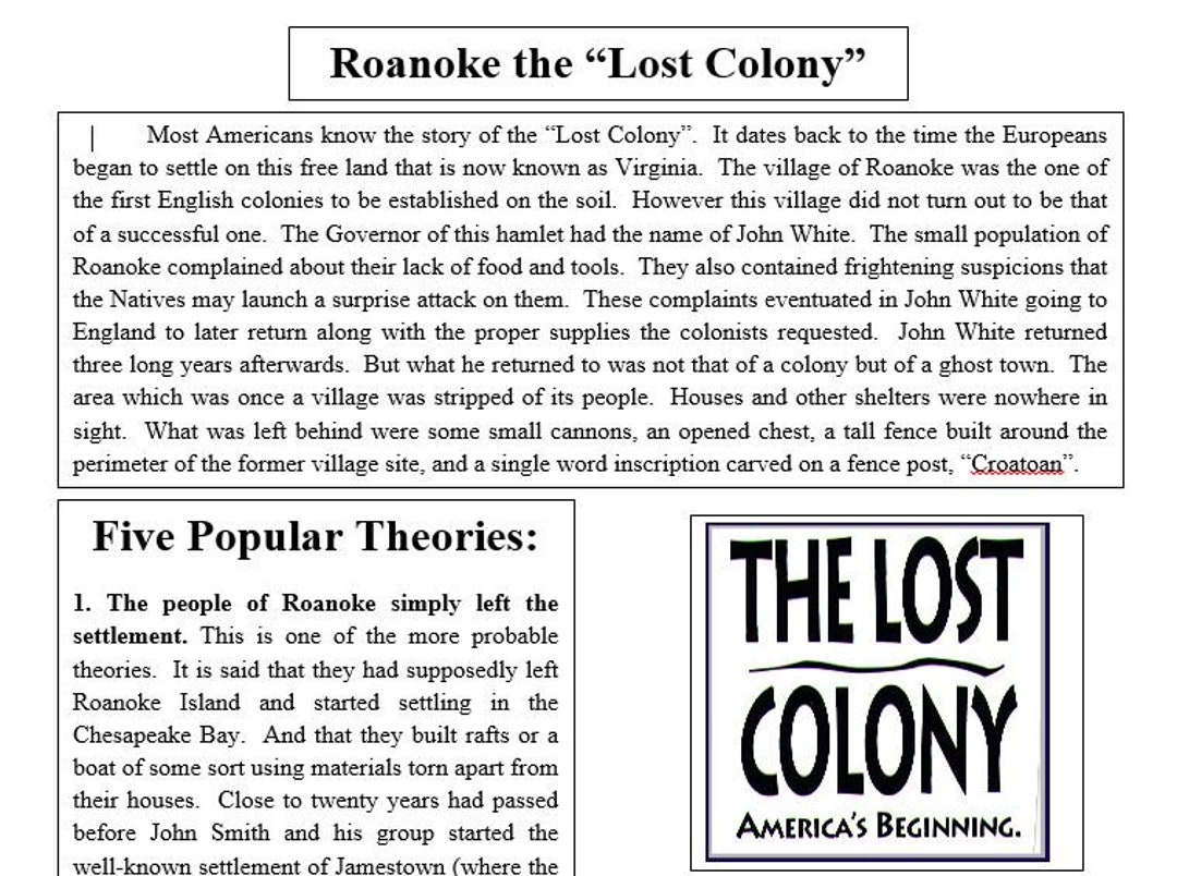 The Lost Colony of Roanoke Reading Activity - Etsy