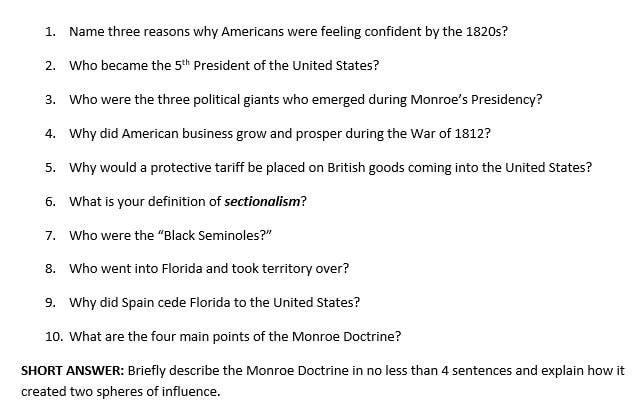 Era of Good Feelings Monroe Doctrine Worksheet English and Spanish Home ...