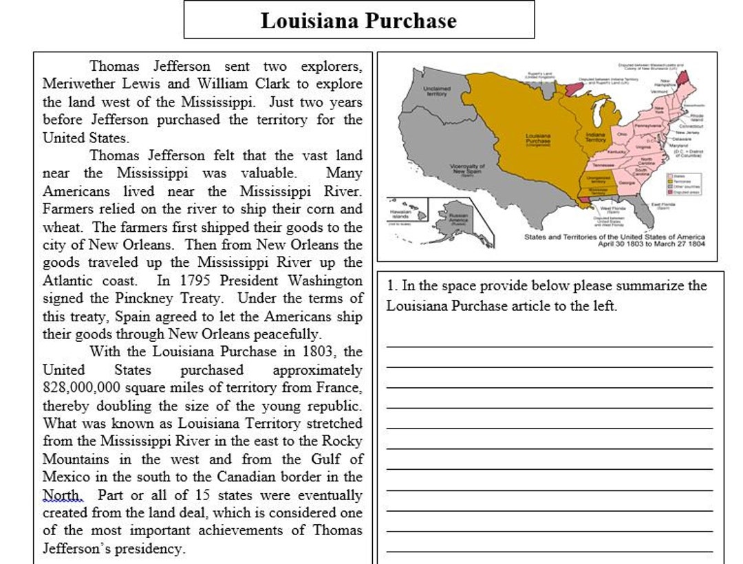 The Louisiana Purchase Reading Activity - Etsy