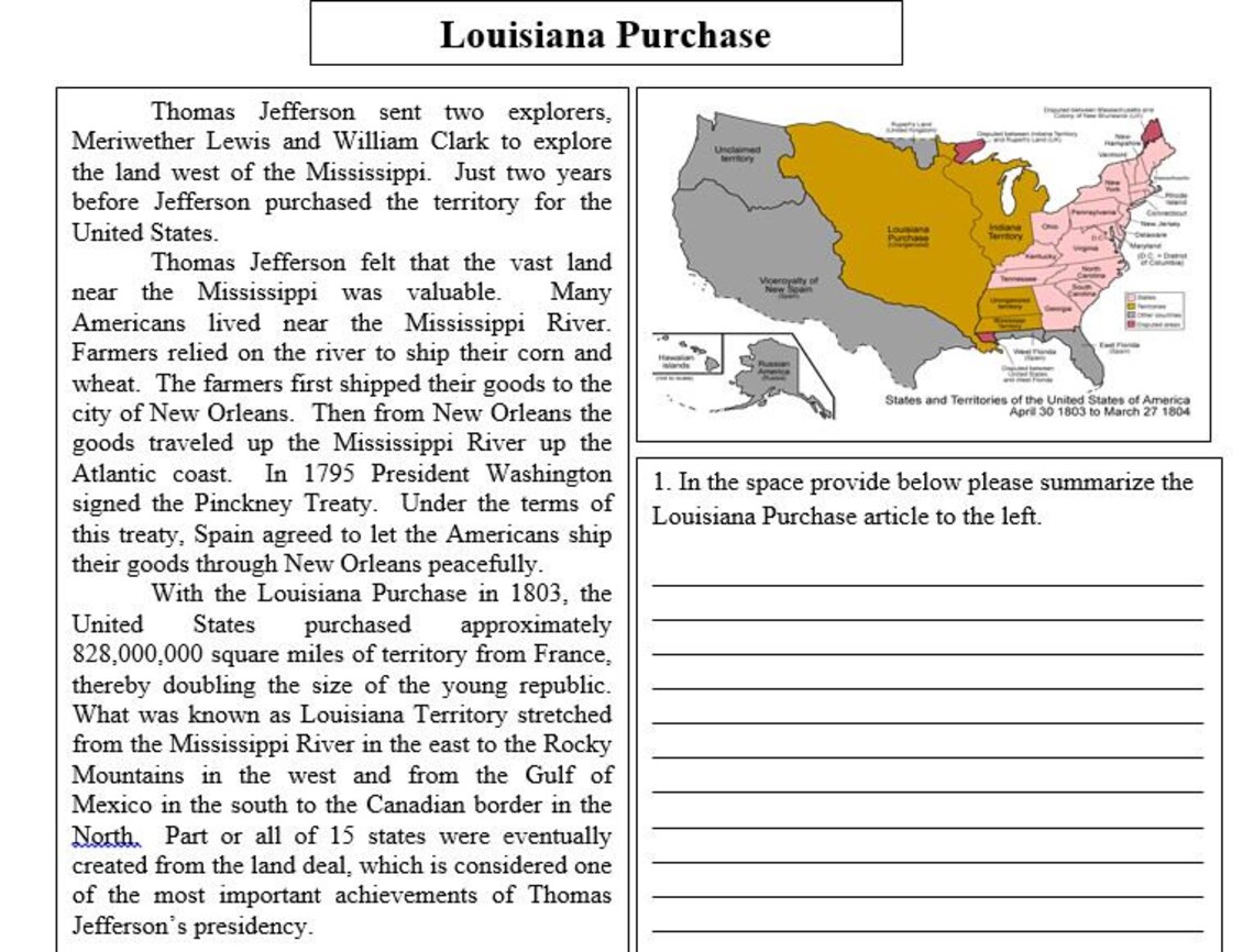 The Louisiana Purchase Reading Activity - Etsy