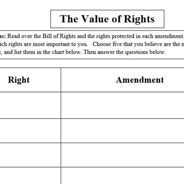 Bill of Rights Worksheet - Etsy