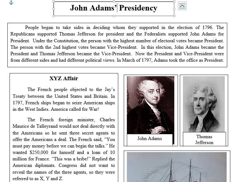 John Adams' Presidency Reading Activity - Etsy