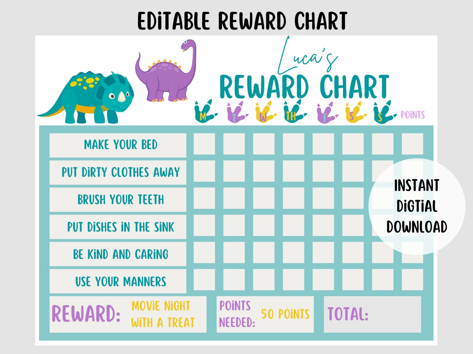 EDITABLE Reward Chart for Kids Printable Reward Chart Kids Chore Chart ...