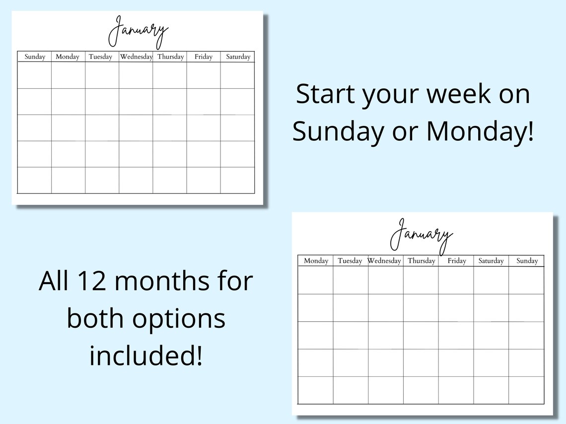 12 Month Calendar Horizontal Calendar Blank Calendar Pages - Etsy