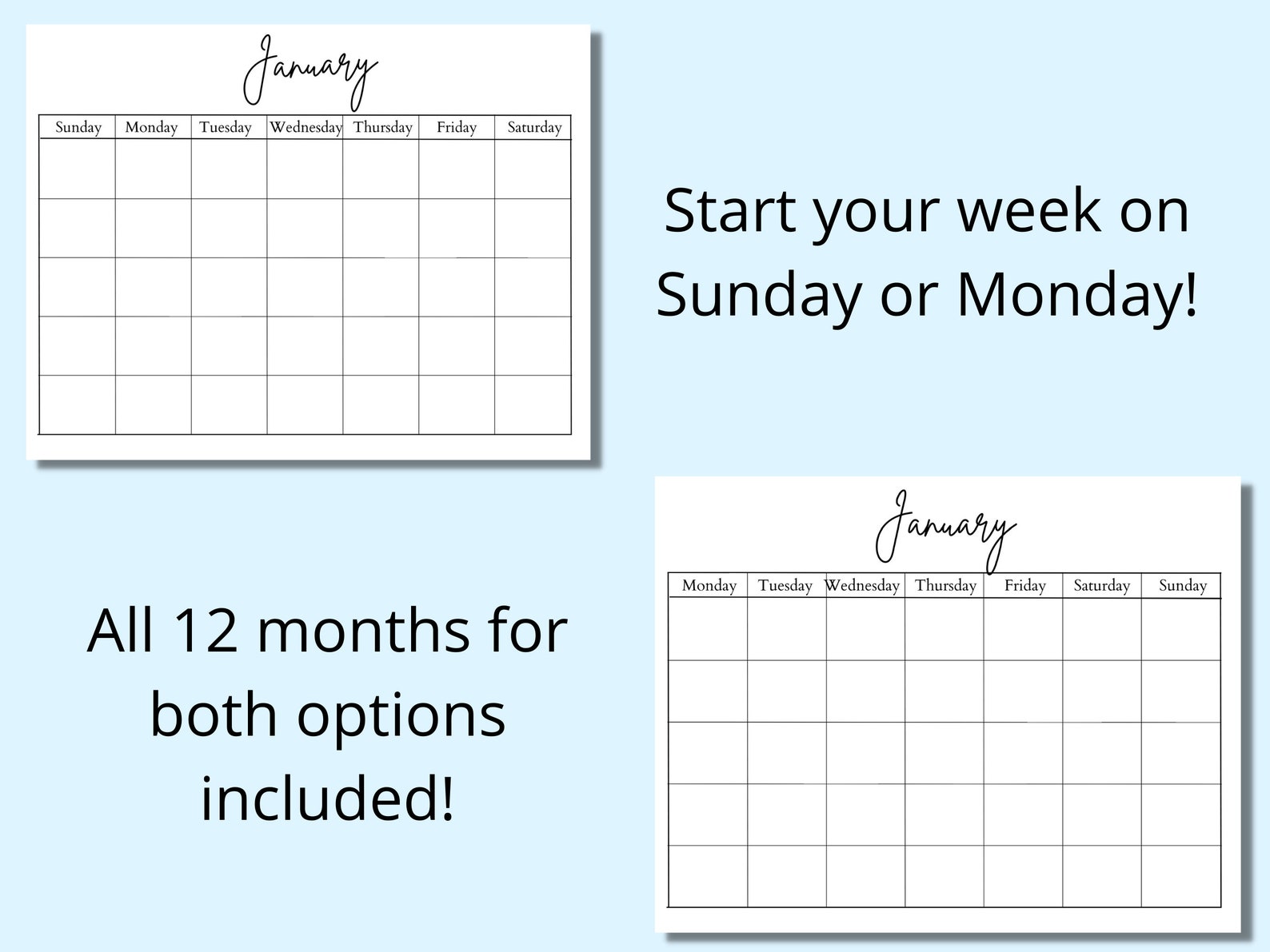 12 Month Calendar Horizontal Calendar Blank Calendar Pages - Etsy