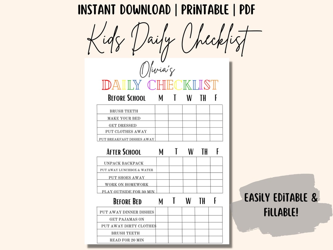Kids Daily Checklist Template Downloadable Daily Routine for Kids ...