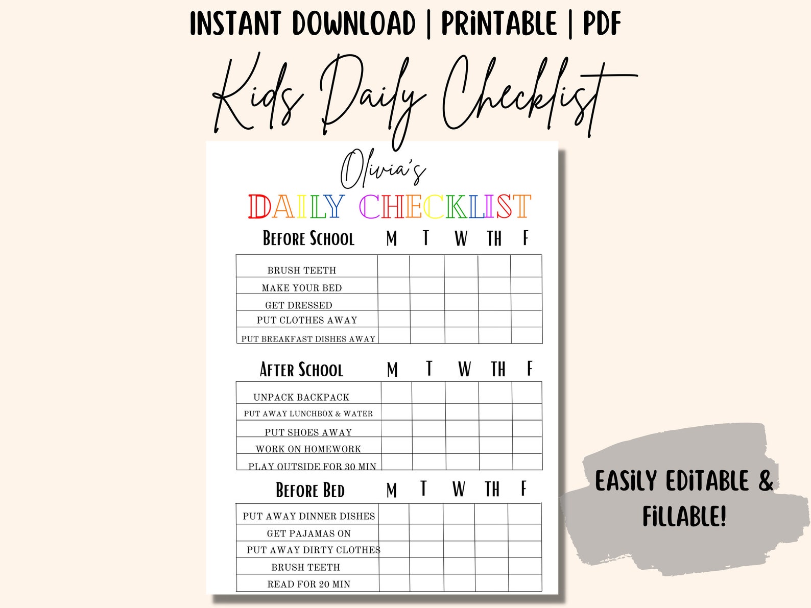 Kids Daily Checklist Template Downloadable Daily Routine for Kids ...