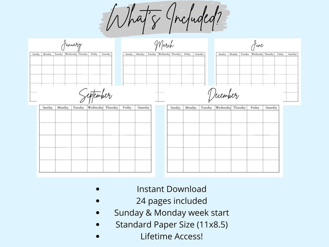 12 Month Calendar Horizontal Calendar Blank Calendar Pages - Etsy