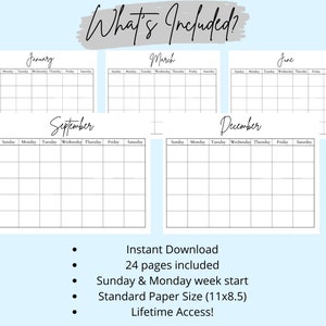 12 Month Calendar Horizontal Calendar Blank Calendar Pages - Etsy