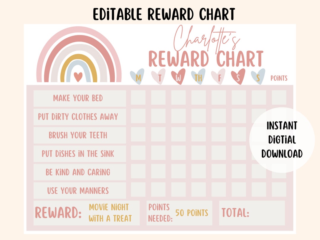 EDITABLE Reward Chart Printable Reward Chart for Kids Behavior Chart ...