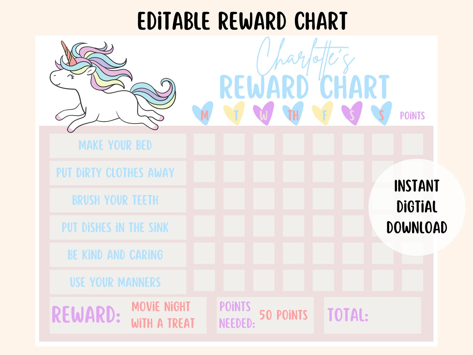 EDITABLE Reward Chart Printable Reward Chart for Kids Behavior Chart ...