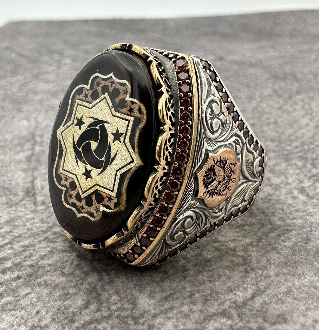 Ottoman Symbol Sign Ring, Agate Stone Men Ring, Turkish Handmade Sultan ...