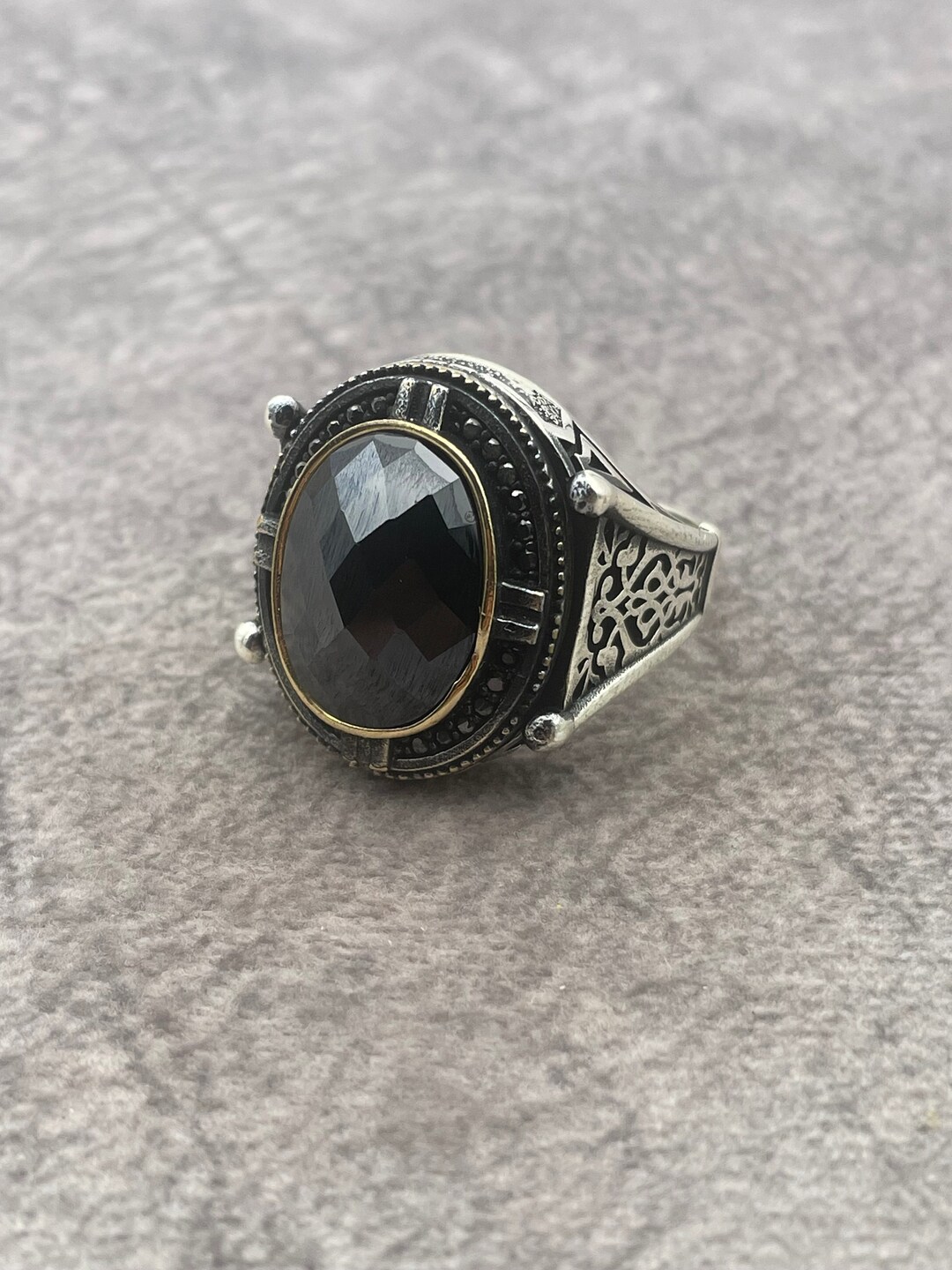 Men's Oval Black Zircon Stone Ring, Authentic Black Silver Ring ...