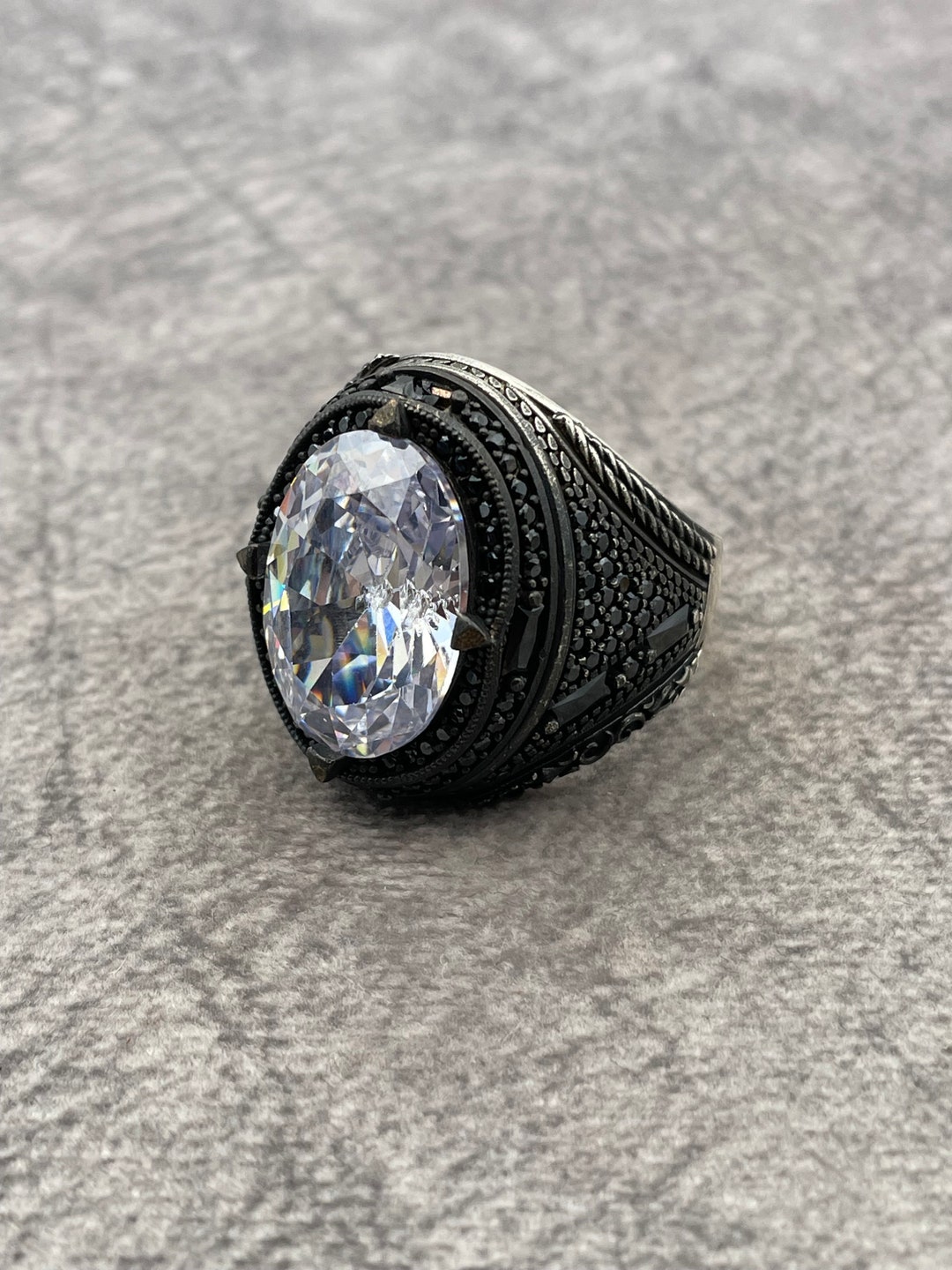 Men's Handmade Silver Ring, White Oval Zircon Stone Ring, Turkish White ...