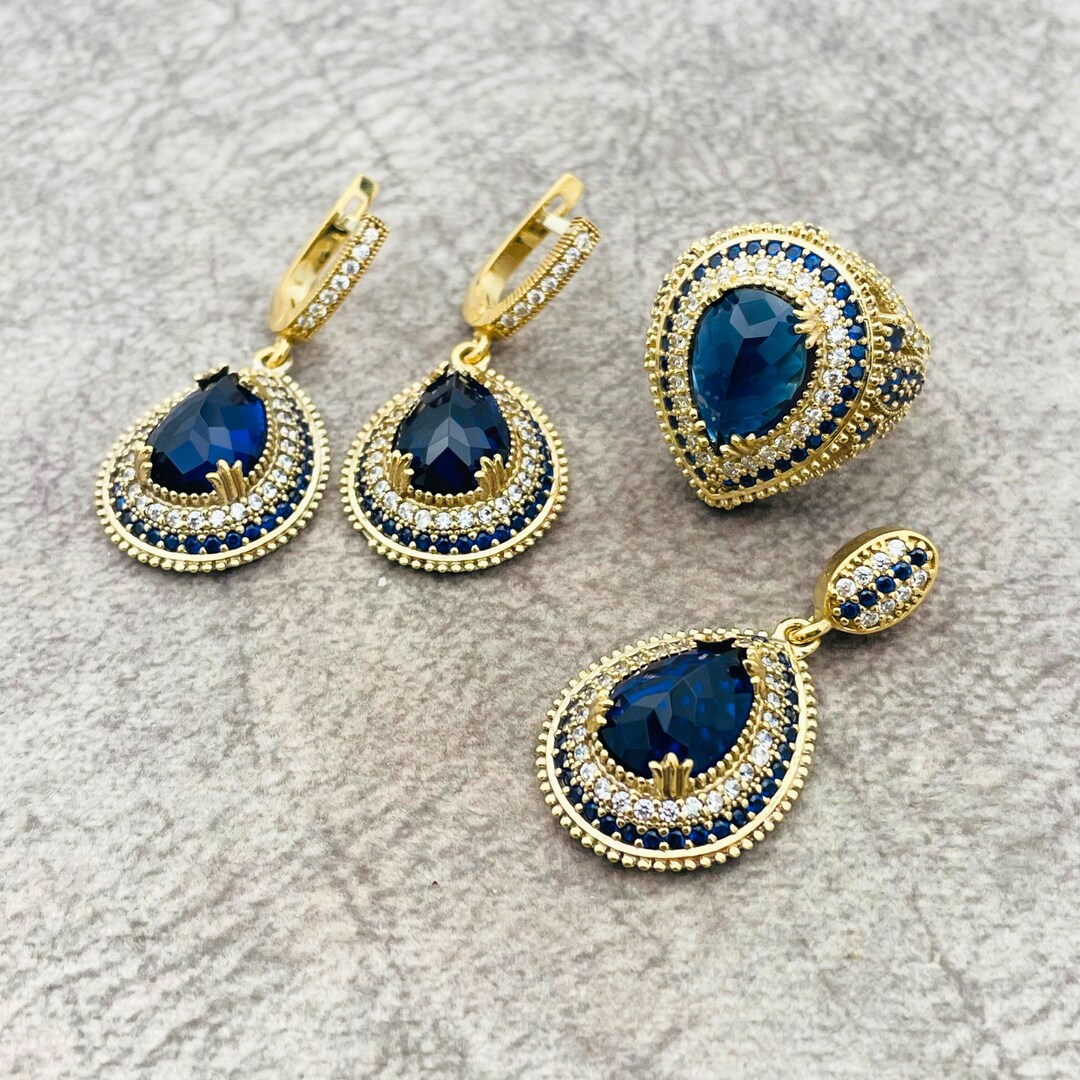Women Sapphire Set, Authentic Blue Silver Set, Sapphire Ring, Earrings ...