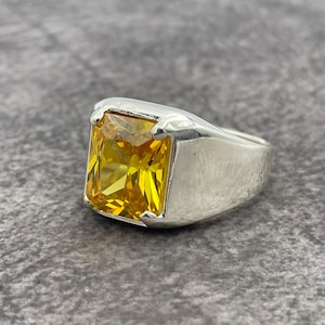 Yellow Citrine Stone Mens Ring, 925k Sterling Silver, Square Yellow ...