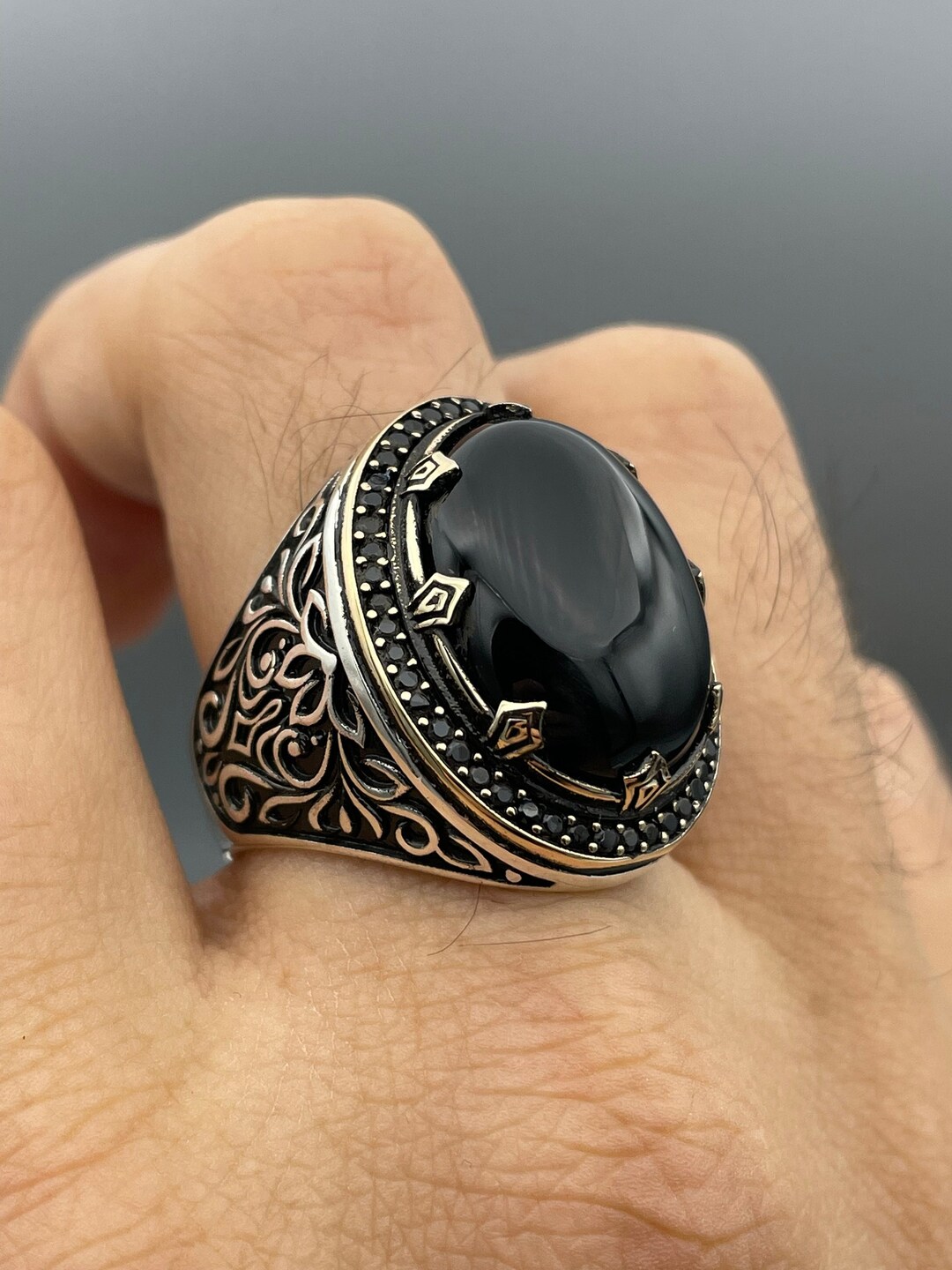 Black Onyx Stone Men's Ring, Handmade Silver Ring, Oval Black Stone ...