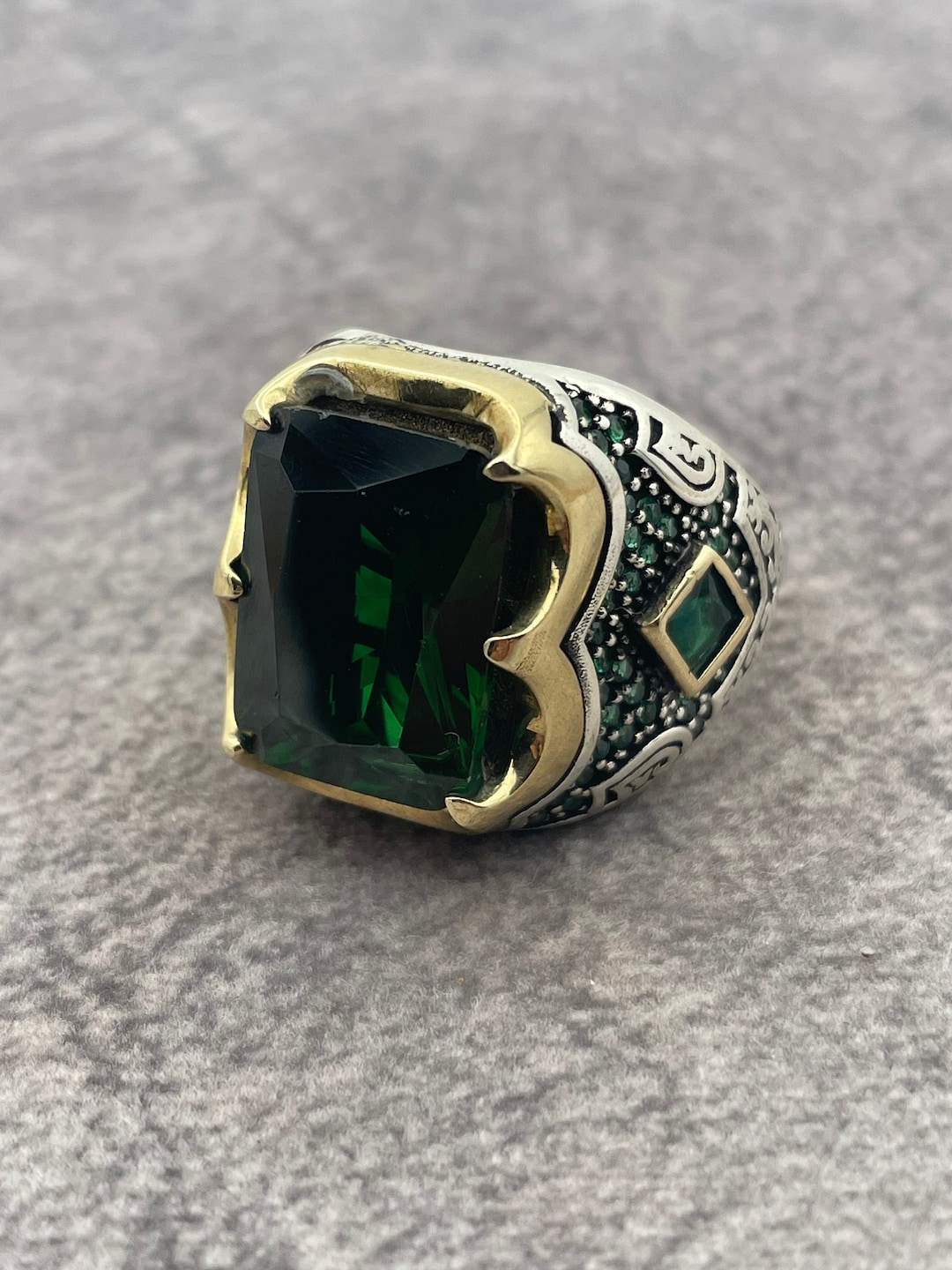 Men's Emerald Stone Ring, Green Square Stone Ring, Sterling Silver Ring ...