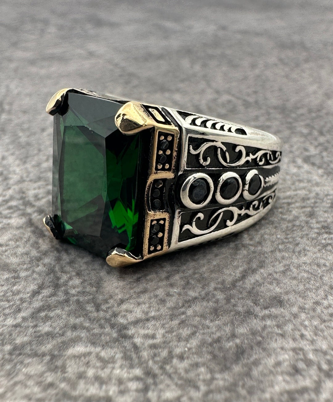 Mens Emerald Stone Silver Ring, Green Stone Ring, Turkish Handmade Ring ...