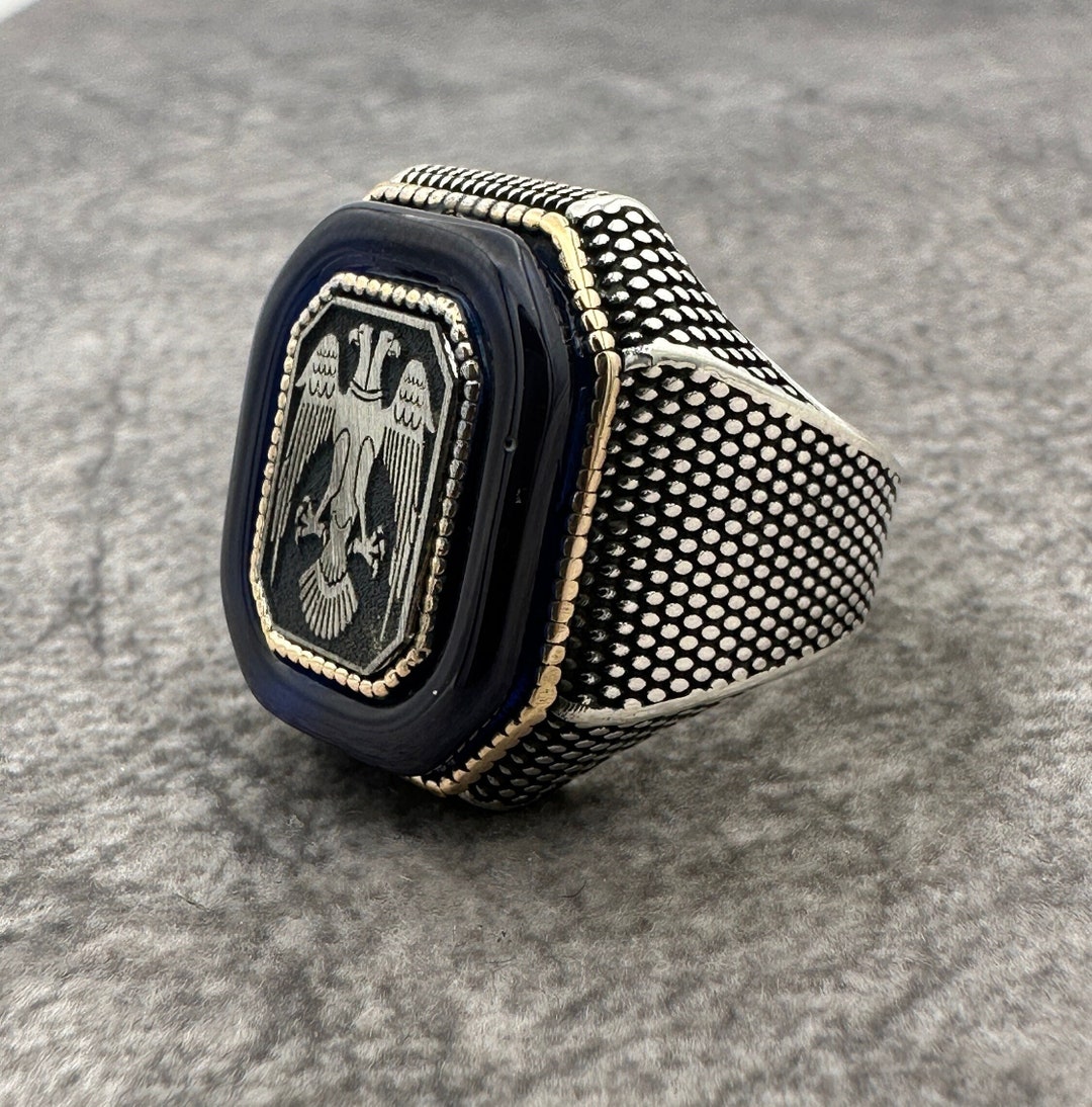 Double Head Eagle Mens Ring, Seljuk Ring, Turkish Handmade Silver Ring ...