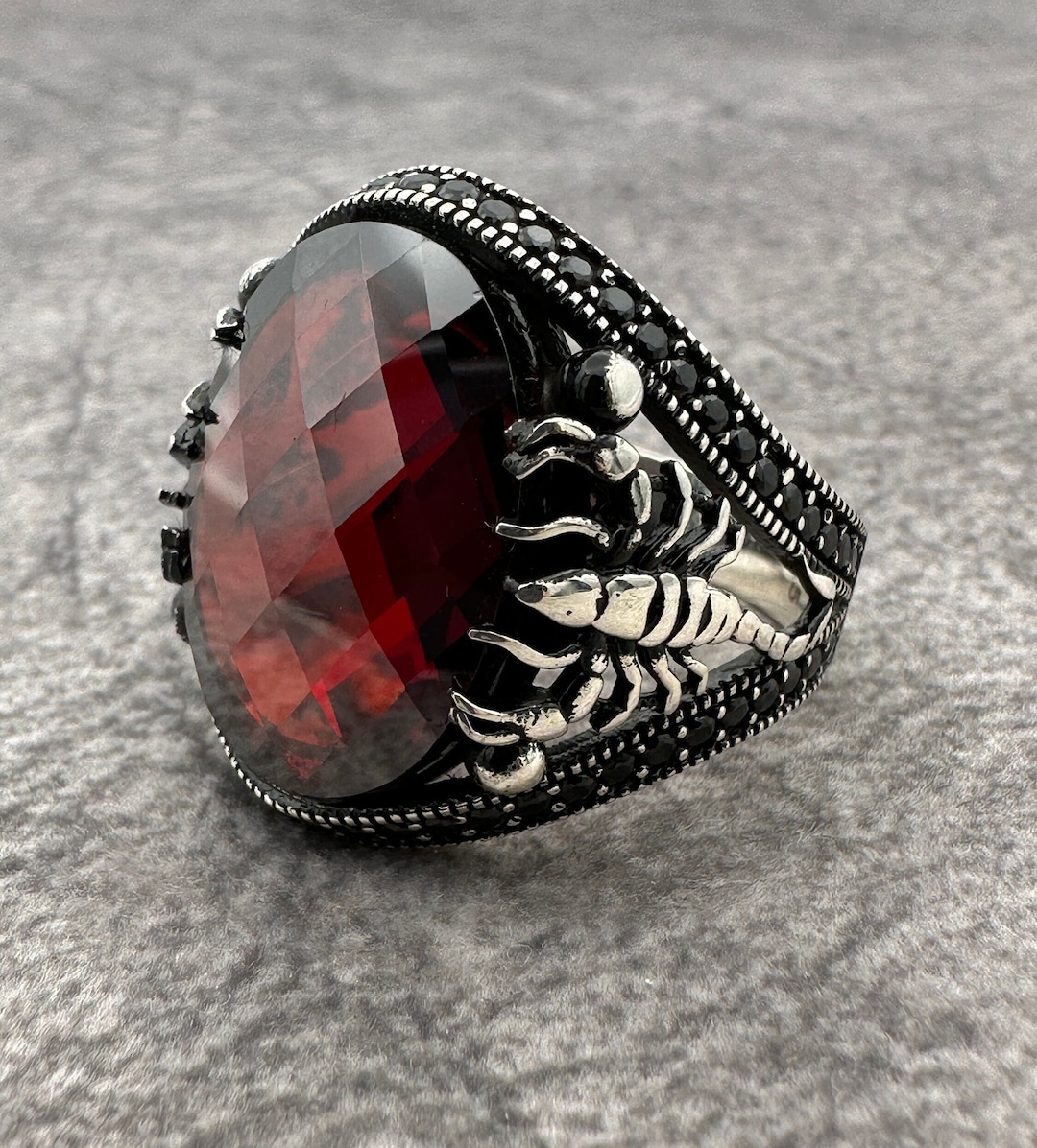 Mens Scorpion Ring, Red Zircon Stone Ring, Turkish Handmade Silver Ring ...