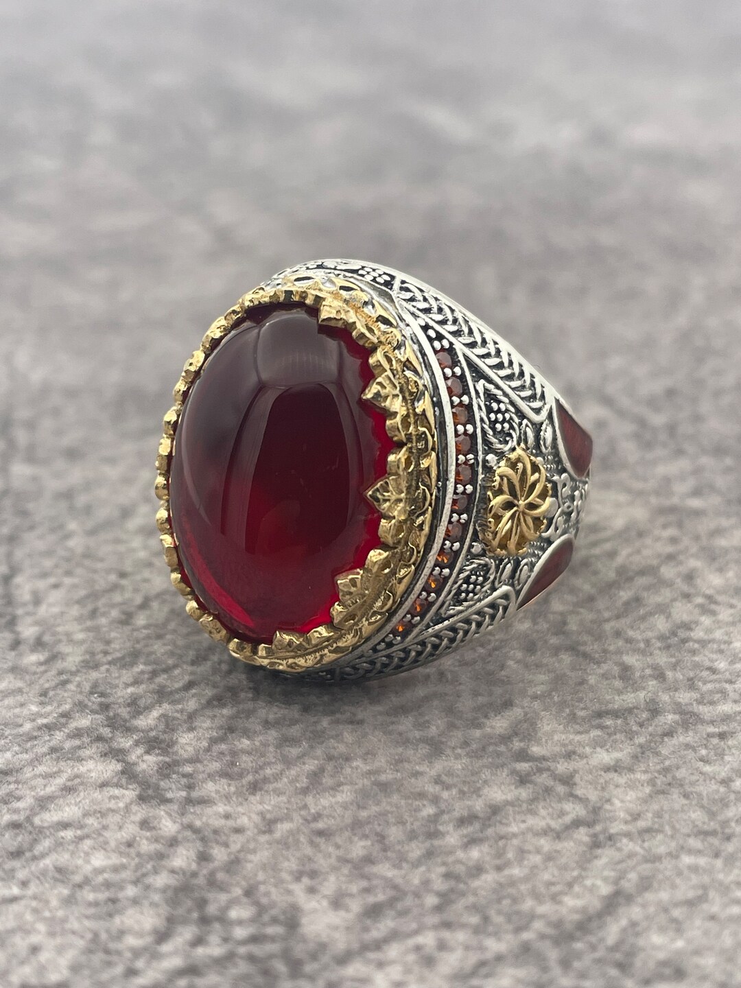 Red Agate Stone Silver Men Ring, Oval Red Stone Ring, Natural Aqeeq ...