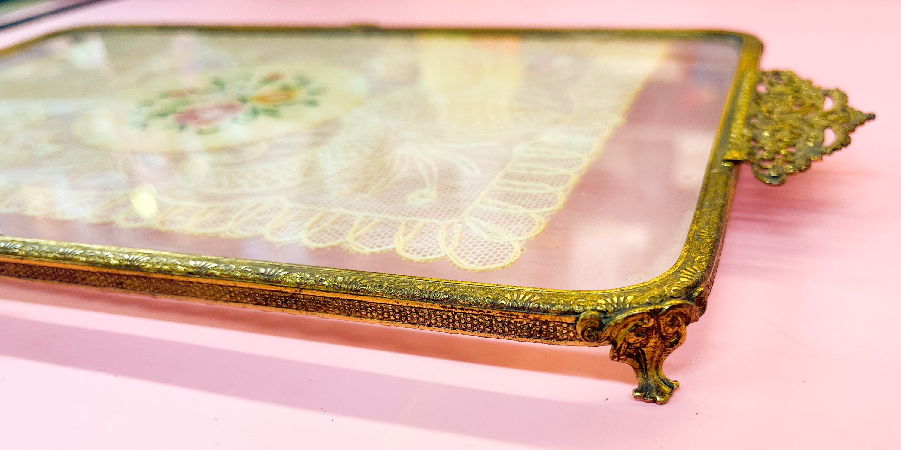 Vintage Dressing Table Tray With Lace Insert, Vintage Bedroom Decor ...
