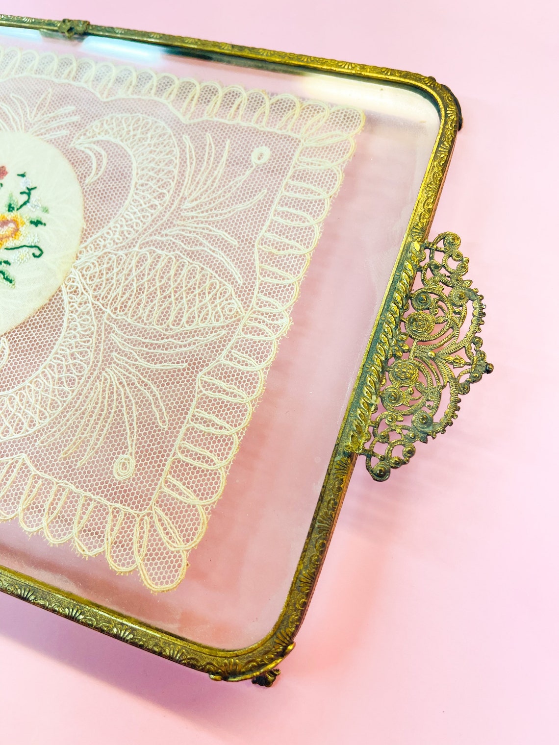 Vintage Dressing Table Tray With Lace Insert, Vintage Bedroom Decor ...