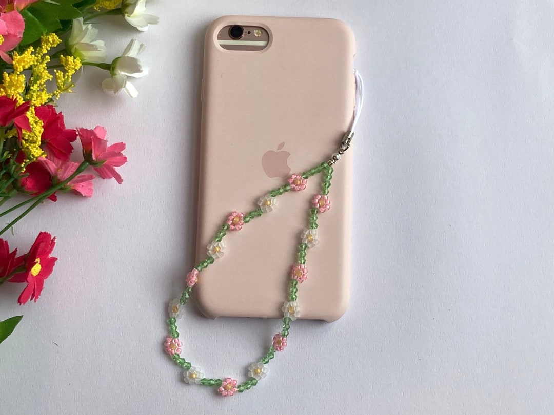 Daisy Phone Strap, Pink & White Flower Charm Straps, Crystal and Seed ...
