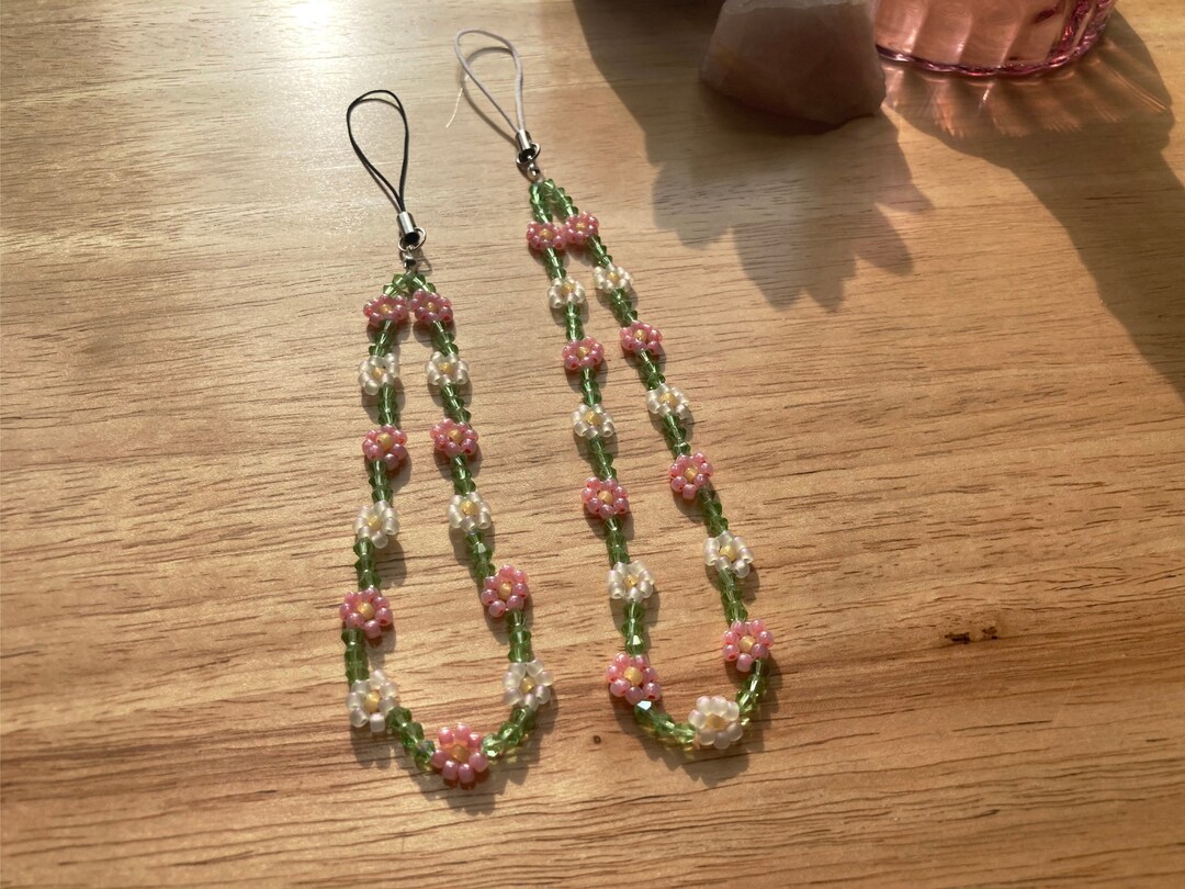 Daisy Phone Strap, Pink & White Flower Charm Straps, Crystal and Seed ...