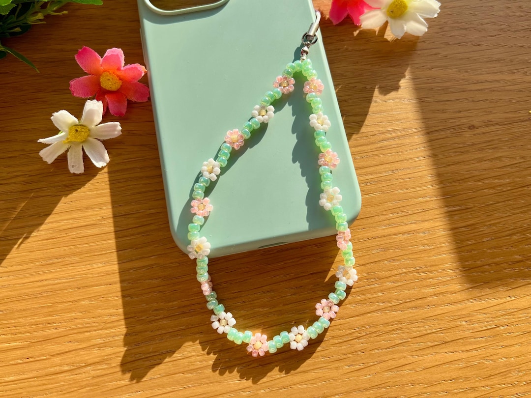 Pink & White Beaded Flower Phone Strap, Daisy Mobile Phone Charm Straps ...
