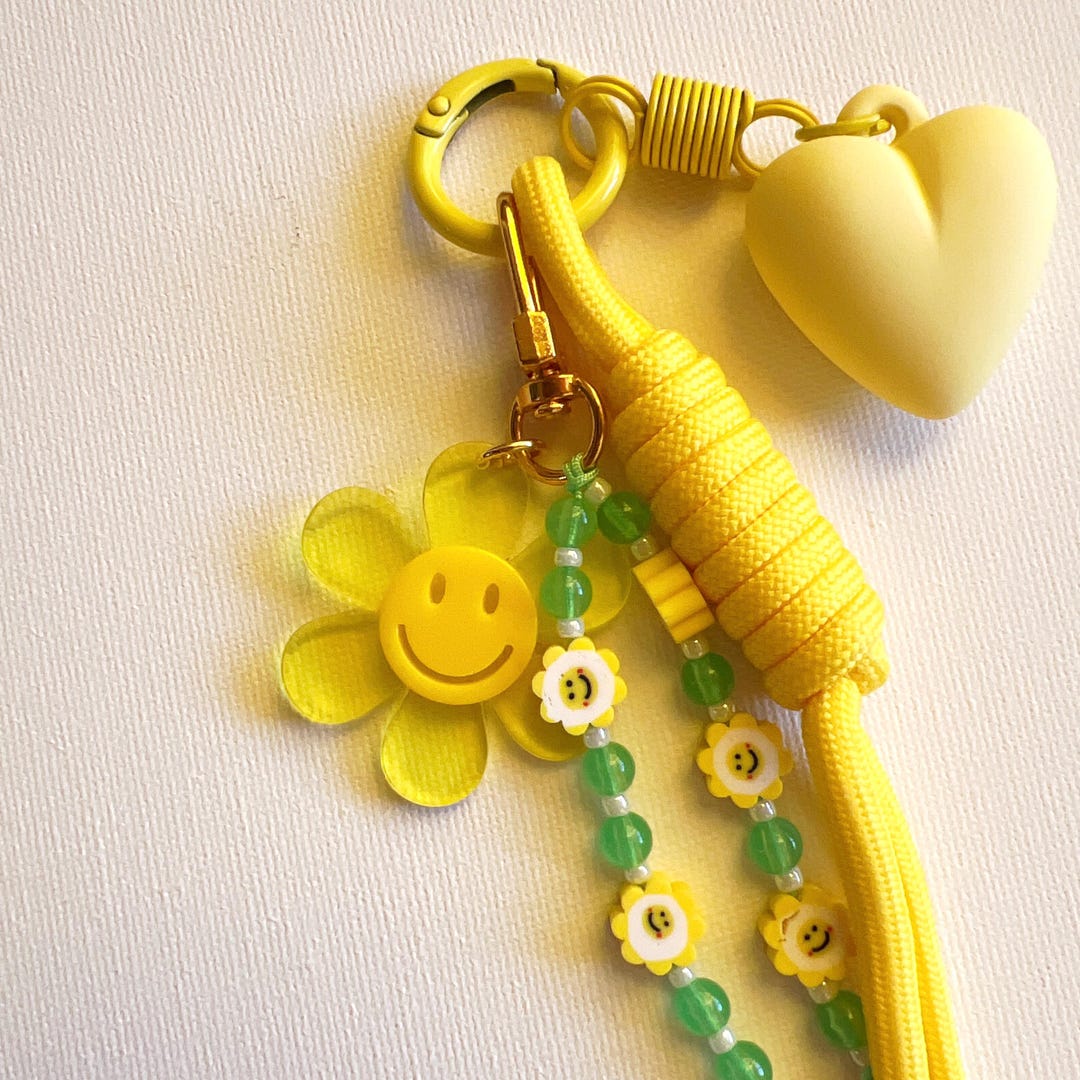 Handmade Shoelace and Daisy Bag Charm: Yellow Heart and Cord Keychain ...