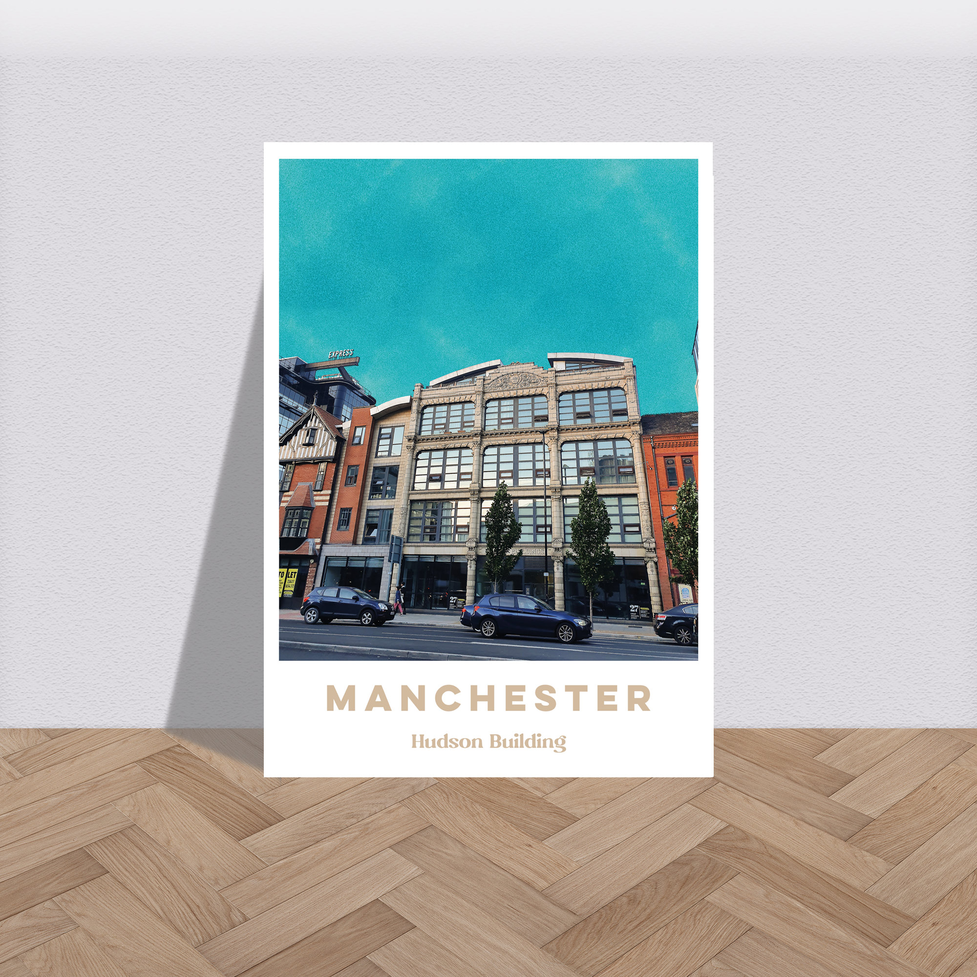 Hudson Building Manchester Blue Sky Print - Graphic Urban Skyline ...