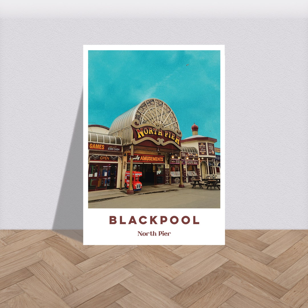 North Pier Blackpool Prominade Blue Sky Print - Graphic Seaside Skyline ...