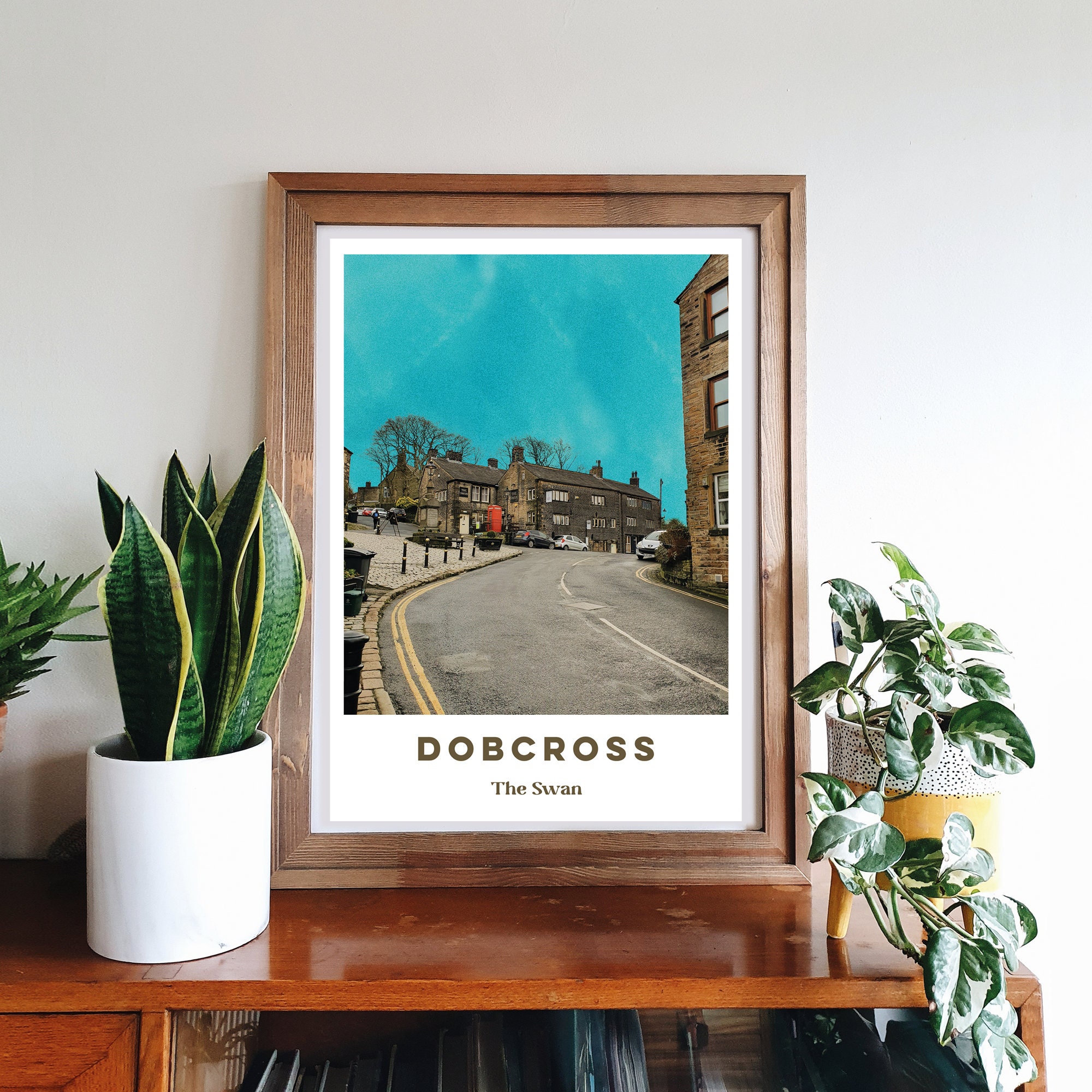 The Swan Inn Dobcross Saddleworth Blue Sky Print Graphic Village Poster, Colourful Gritty Wall ...