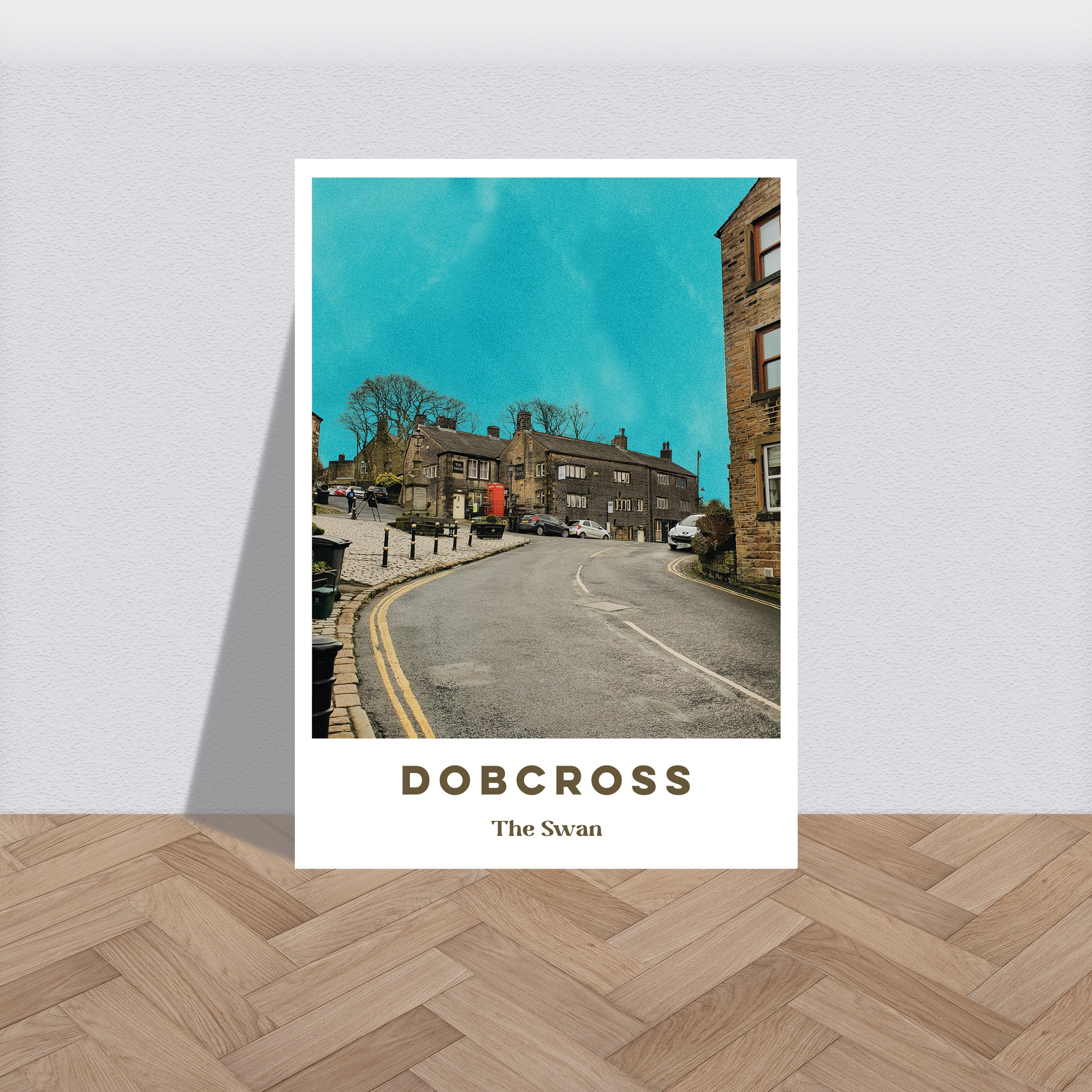The Swan Inn Dobcross Saddleworth Blue Sky Print Graphic Village Poster, Colourful Gritty Wall ...